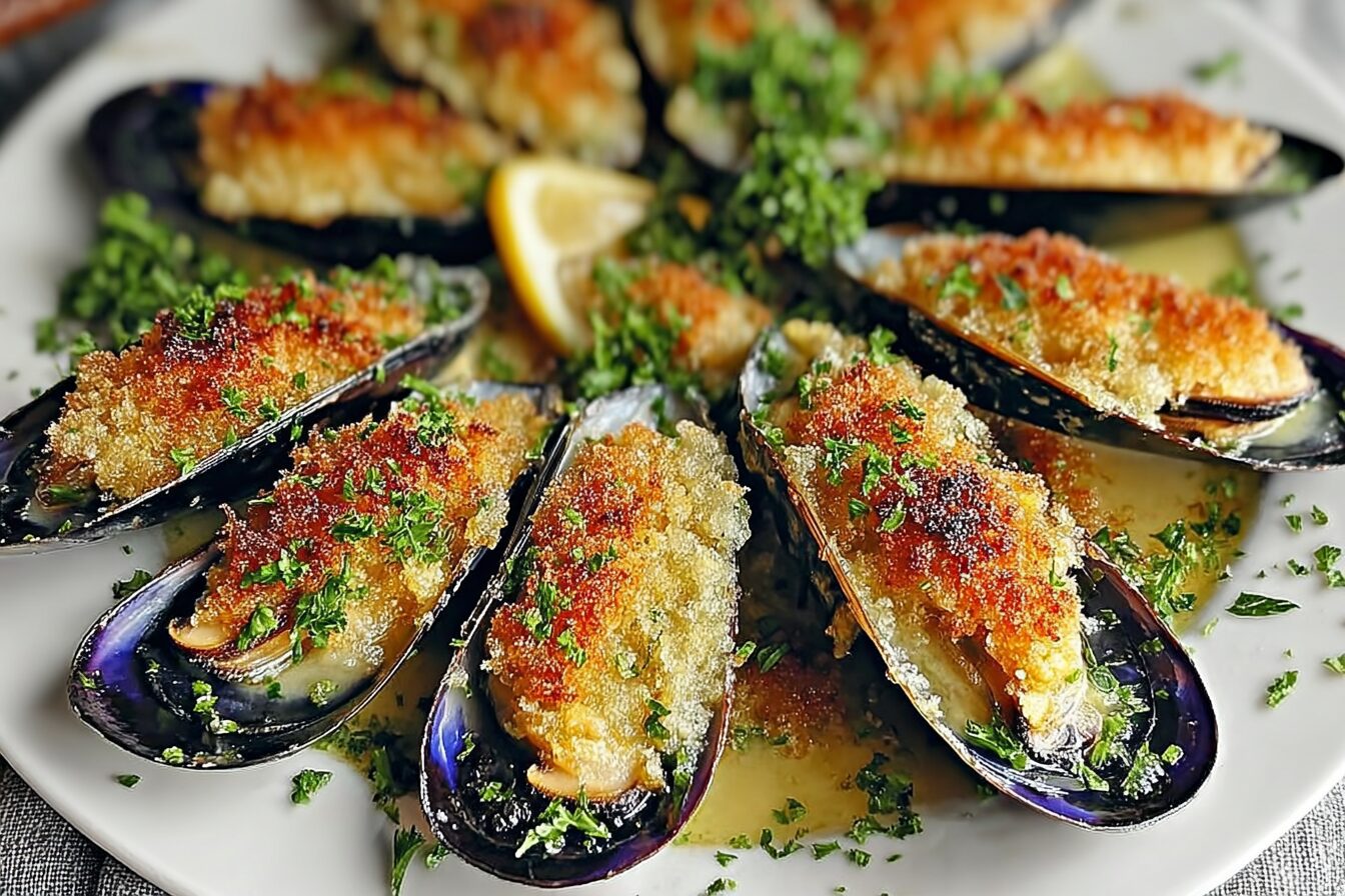 Stuffed Baked Mussels Recipe With Garlic Cheese Filling